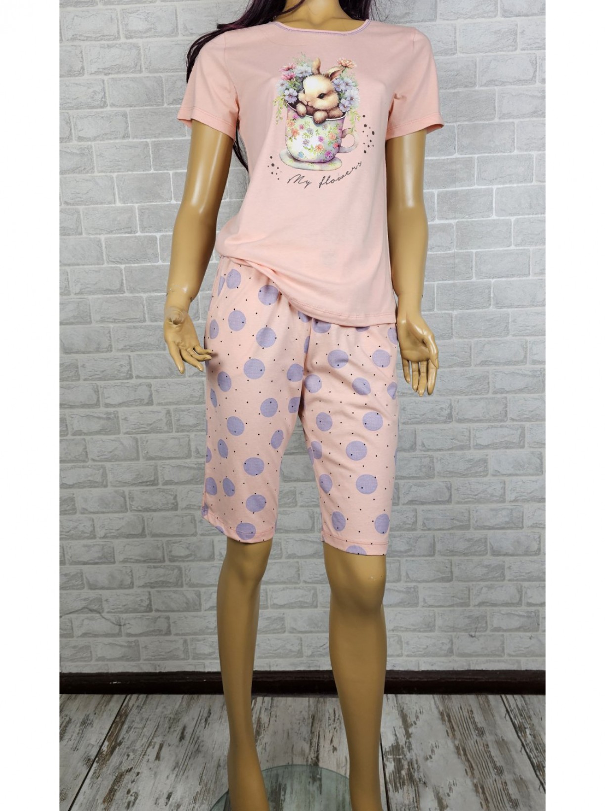 Лятна дамска пижама Иватекс Зайче в прасковен цвят|Летни пижами и нощници